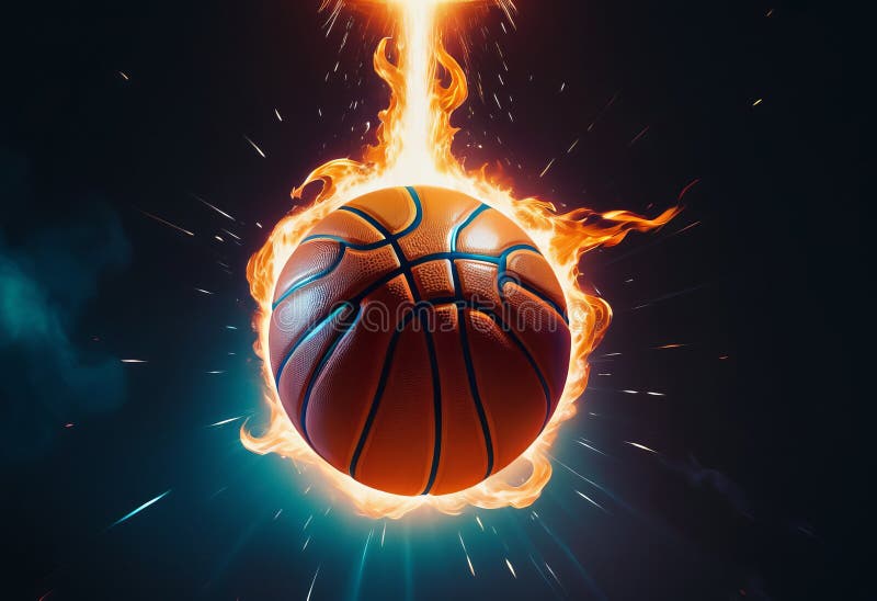 Burning Basketball with Reflection, Glowing Colorful Lights and Flares ...