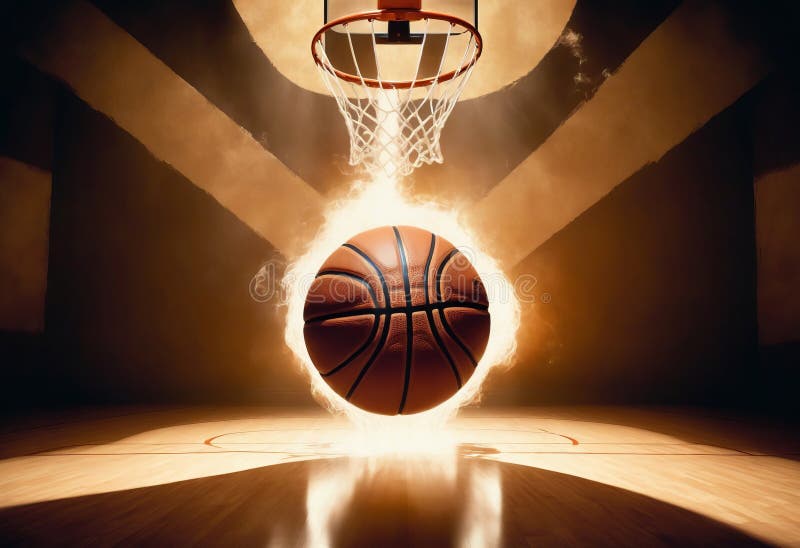 Burning Basketball with Reflection, Glowing Colorful Lights and Flares ...