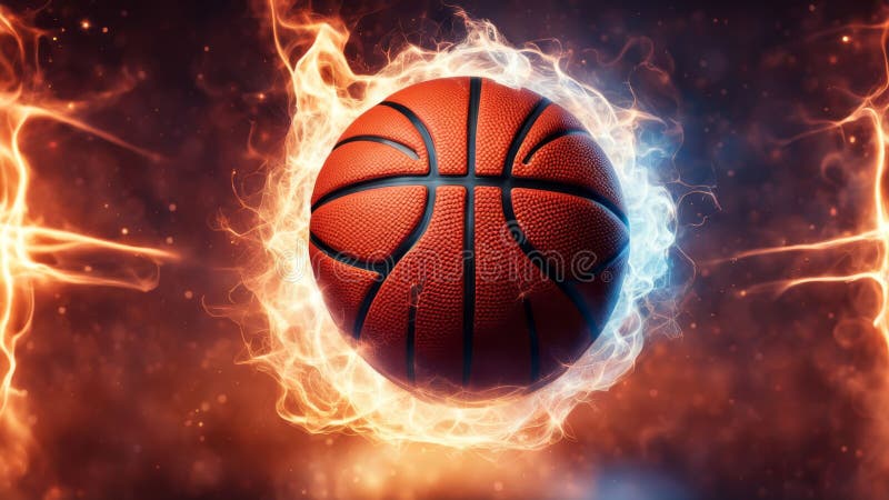 Burning Basketball on a Reflective Surface with Glowing Lights and ...
