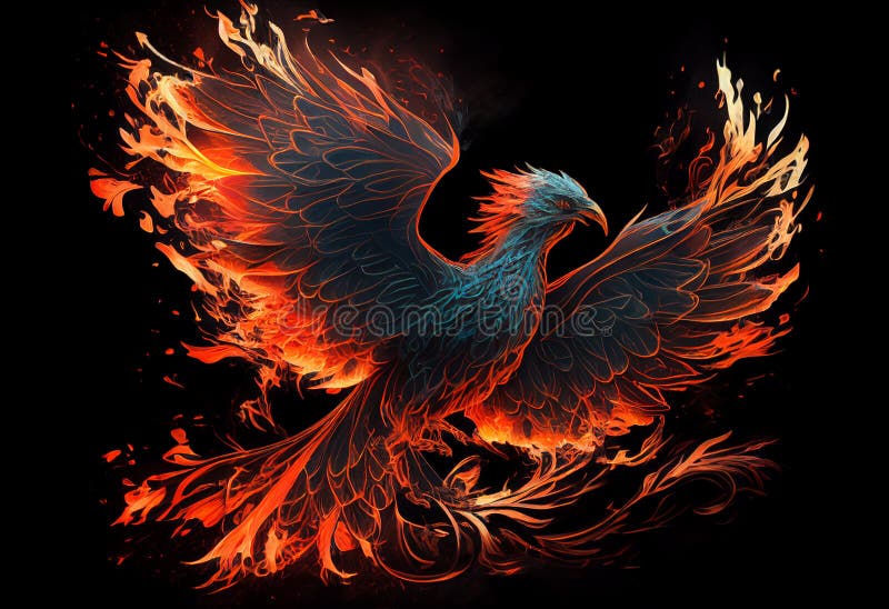Burning Bird Phoenix on Black Background. AI Generated Stock ...
