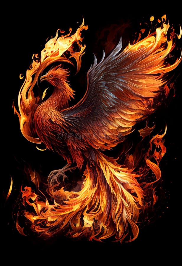 Burning Bird Phoenix on Black Background. AI Generated Stock Image ...