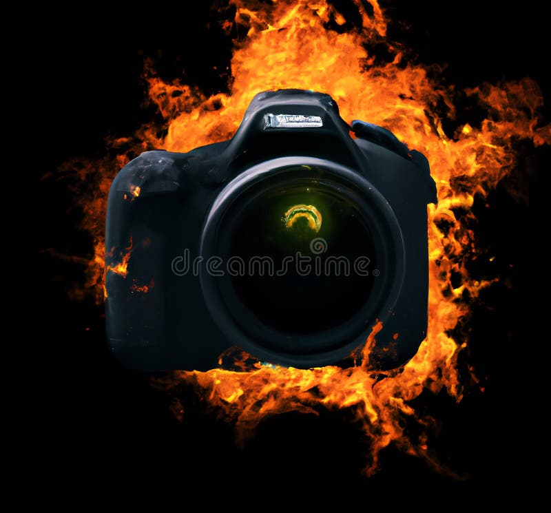 Black Camera Fallen into a Fire with Orange Flames and Black Background ...