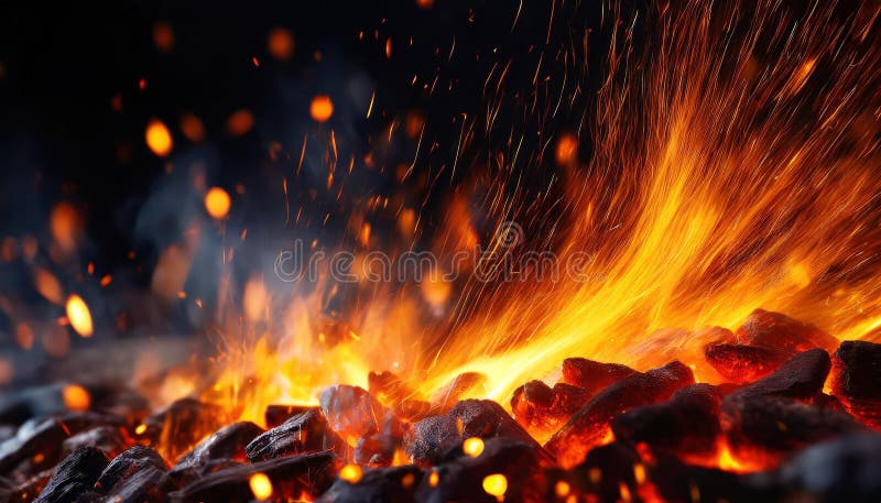 Hot Orange Flame. Fire Embers Particles Over Black Background. Burning ...