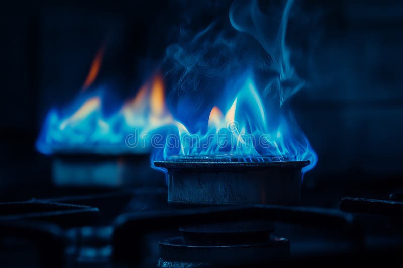 Burning Blue Flames Rising from Gas Stove Burner in the Dark Stock ...