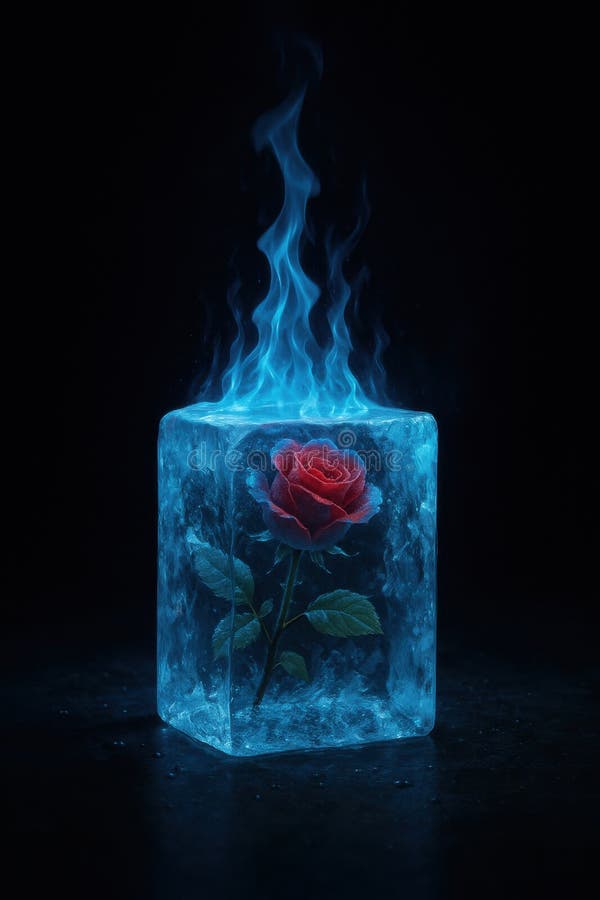 Burning Blue Ice Cube Trapping a Glowing Red Rose Inside Stock ...