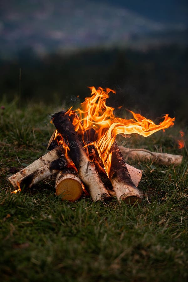 Burning Bonfire in the Evening in the Carpathian Mountains. Place for ...