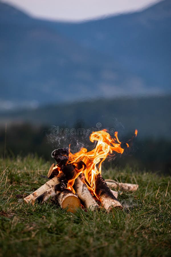Burning Bonfire in the Evening in the Carpathian Mountains. Place for ...