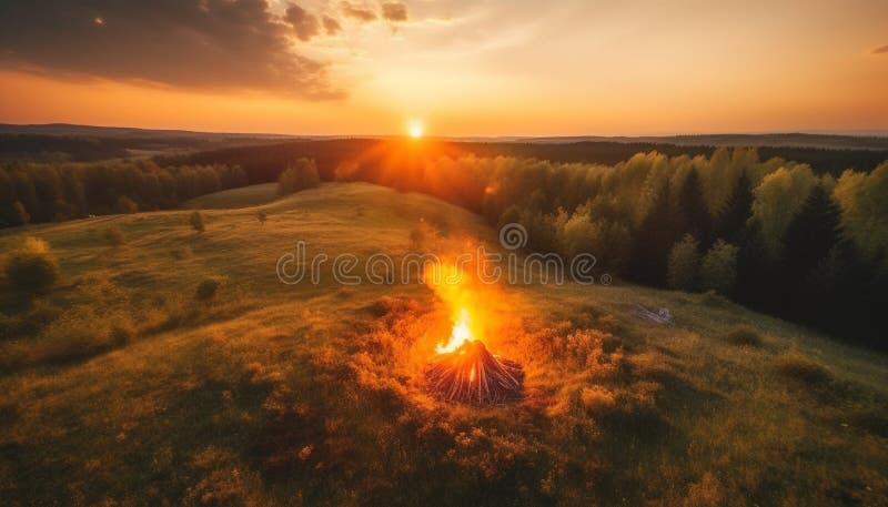 Burning Bonfire Glows in Tranquil Mountain Meadow Generated by AI Stock ...