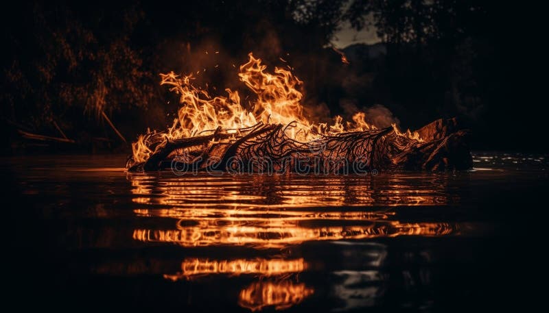 Burning Bonfire Reflects Beauty in Nature Tranquility Generated by AI ...
