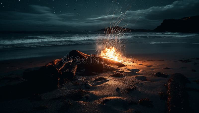 Burning Bonfire on Sandy Beach at Dusk Generated by AI Stock ...