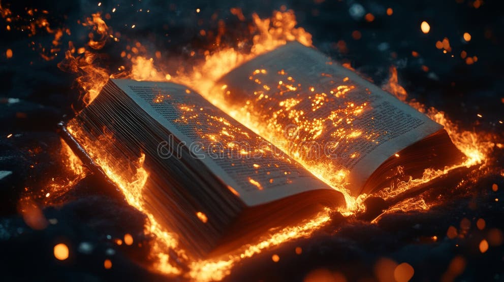 Burning Book on Dark Surface with Intense Flames Stock Illustration ...