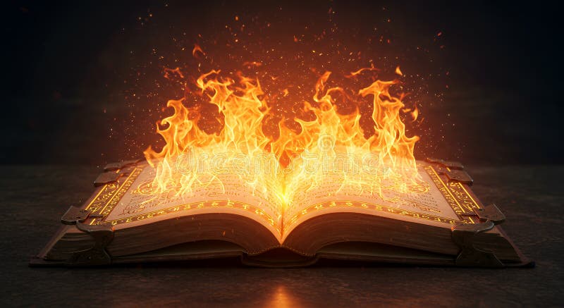 Burning Book with Flames and Ancient Script Casting an Intense Glow ...