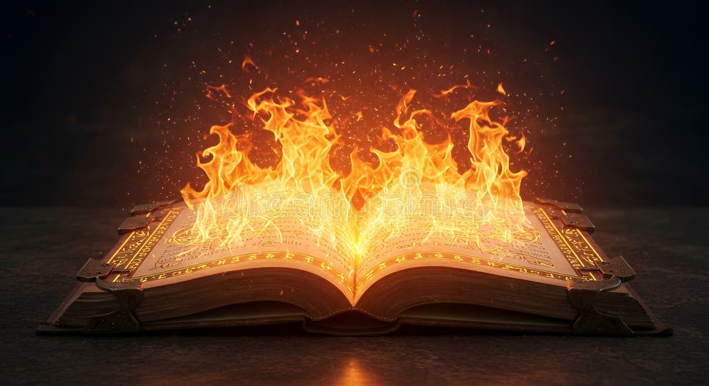 Burning Book with Flames and Ancient Script Casting an Intense Glow ...