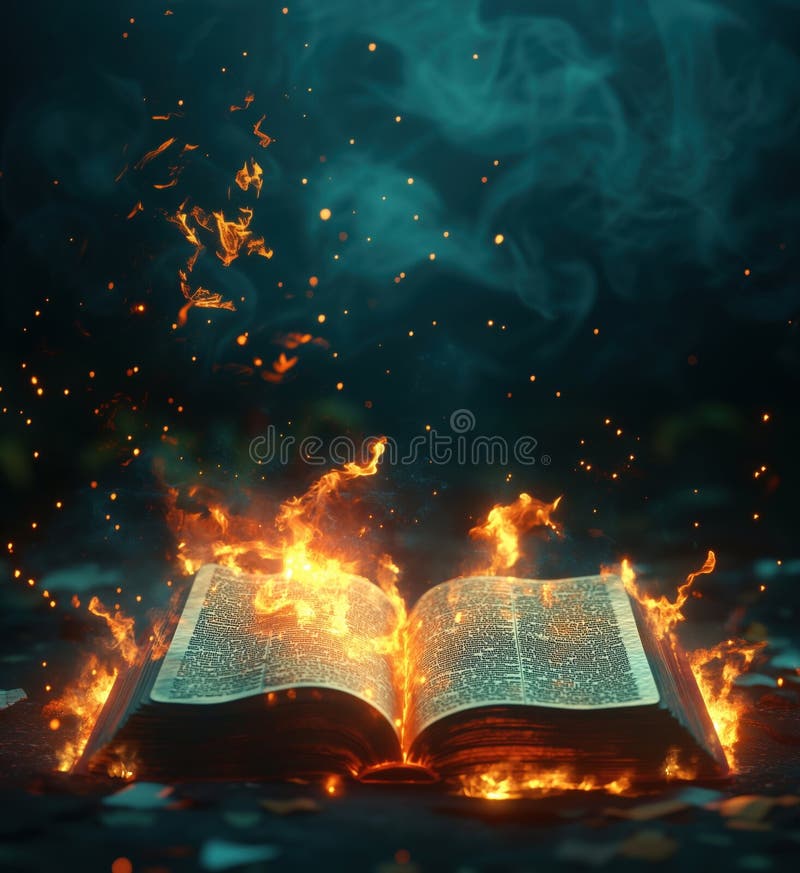 Burning Book with Flames and Smoke Creating a Dramatic Visual Effect ...