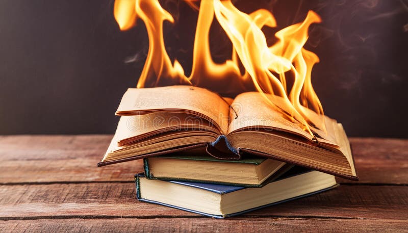 Burning Book. Forbidden Literature. Hot Flame. Library Concept. Close ...