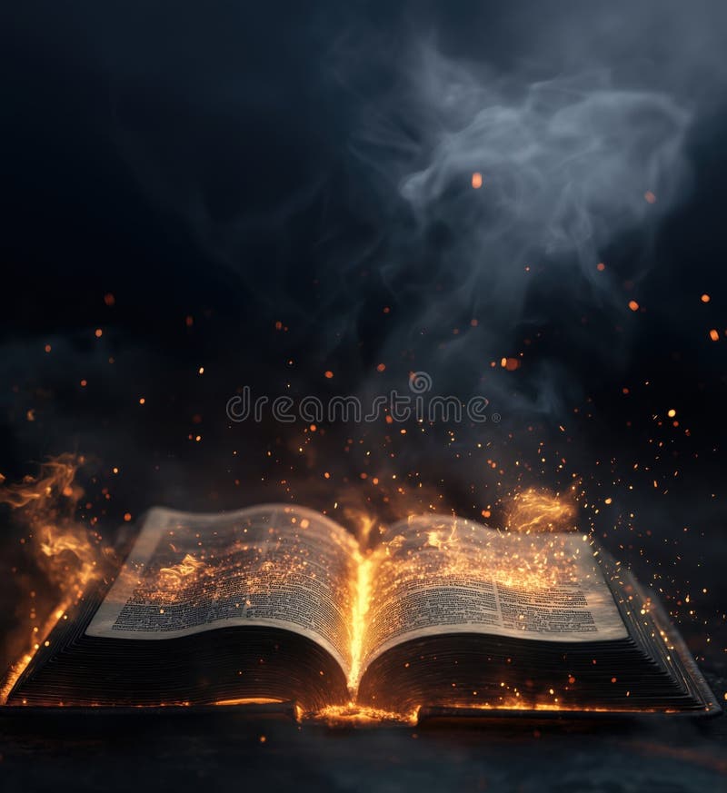 Burning Book with Glowing Pages and Smoke Effects Creating a Mystical ...