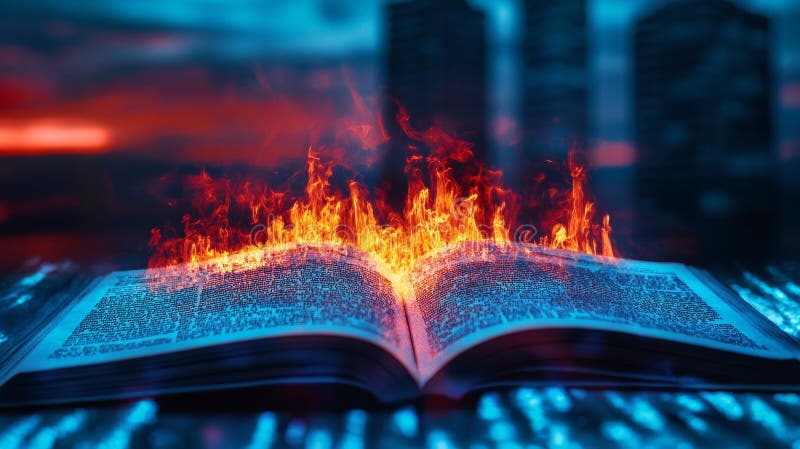 Burning Book of Knowledge Open Book Engulfed in Flames Symbolizing ...
