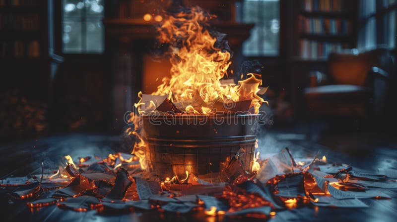 Burning Books in a Basket in the Library Interior. Stock Photo - Image ...