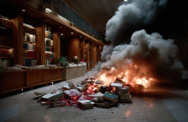 Burning Books Erupting in Flames and Smoke in Library Stock Image ...