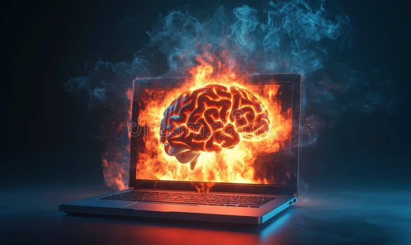 Burning Brain Concept Emerging from Laptop Screen Representing ...