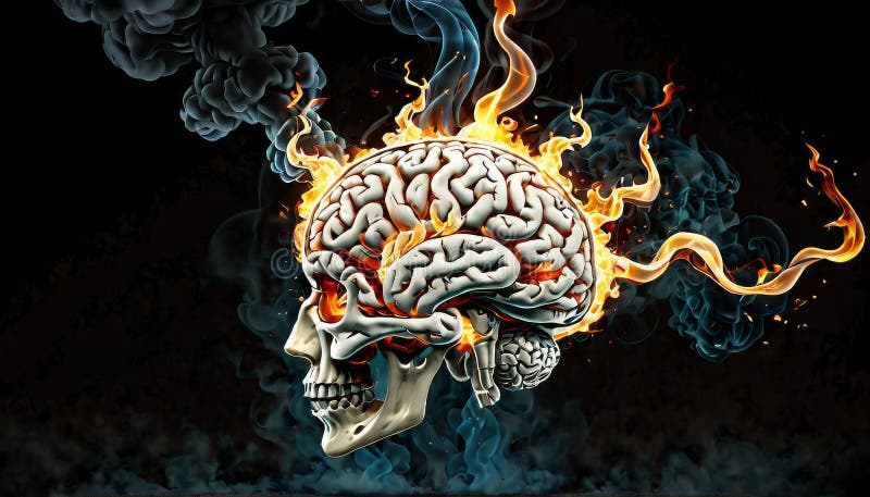 Burning Brain with Skull stock illustration. Illustration of artwork ...