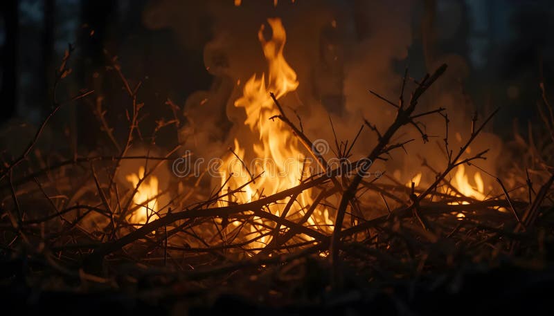 Burning Branches: Intense Fire in the Night Stock Illustration - Illustration of flames, night ...