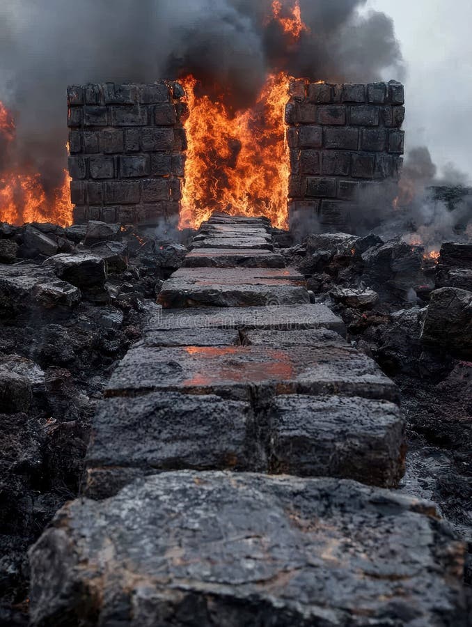 Burning Brick Archway in Apocalyptic Landscape Stock Illustration ...