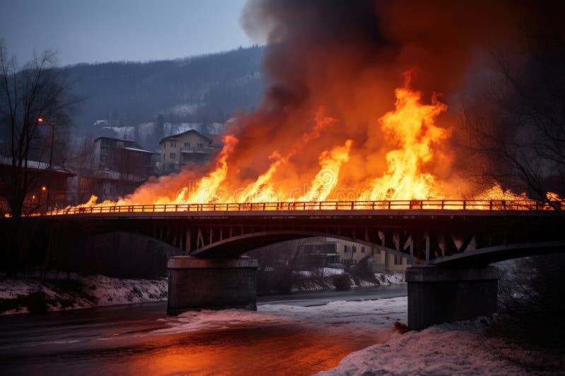 A Burning Bridge Against a Picturesque Backdrop Stock Image - Image of ...