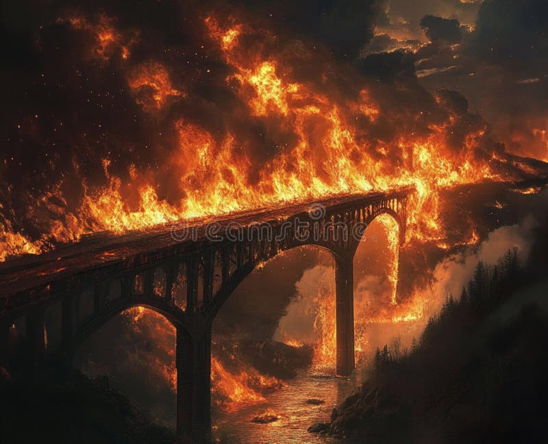 Burning bridge over canyon stock illustration. Illustration of viaduct ...