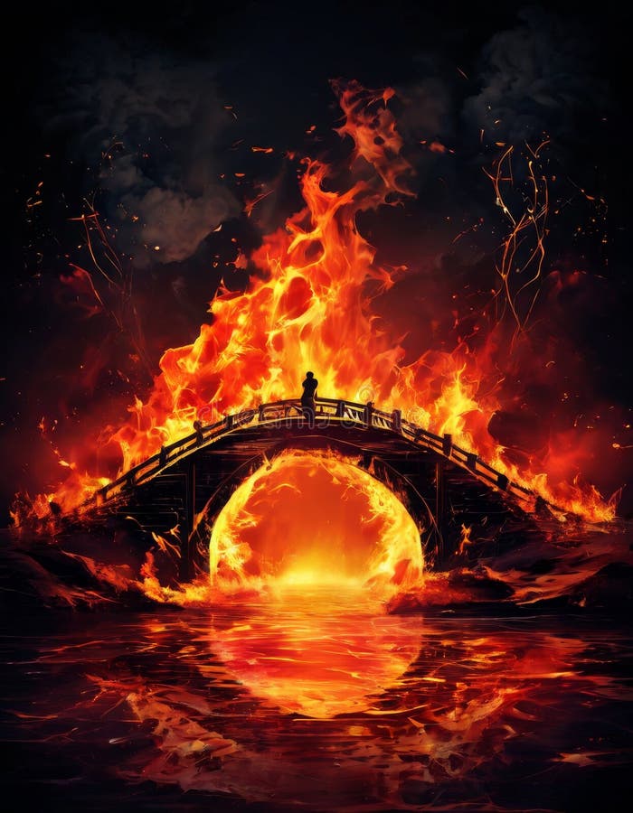 Burning Bridge Over Fiery Water in Dramatic Scene Stock Image - Image ...