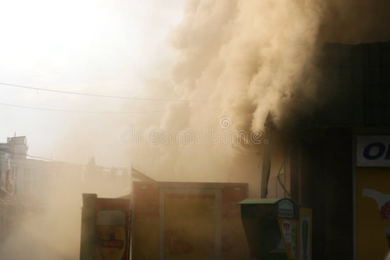 Burning Building in the City. Fire Extinguishing Operation Editorial ...