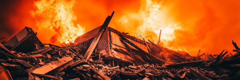 Burning Building Destroyed by a Large Fire Creating Rubble and Smoke ...