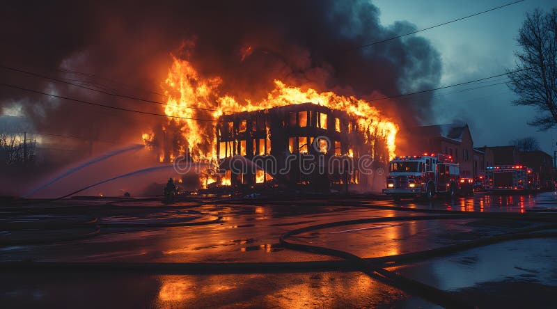 Burning Building Engulfed in Flames As Firefighters Battle Massive Fire ...