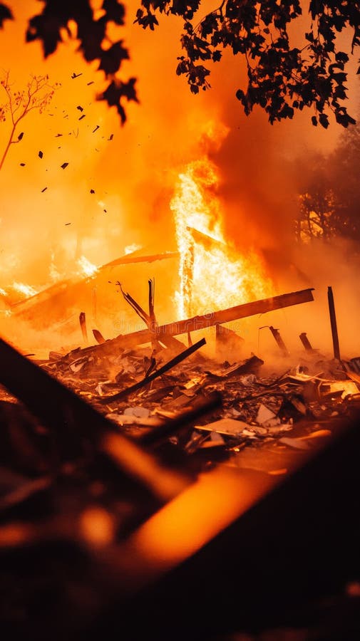 Burning Building Engulfed in Flames with Debris Falling Around Stock ...