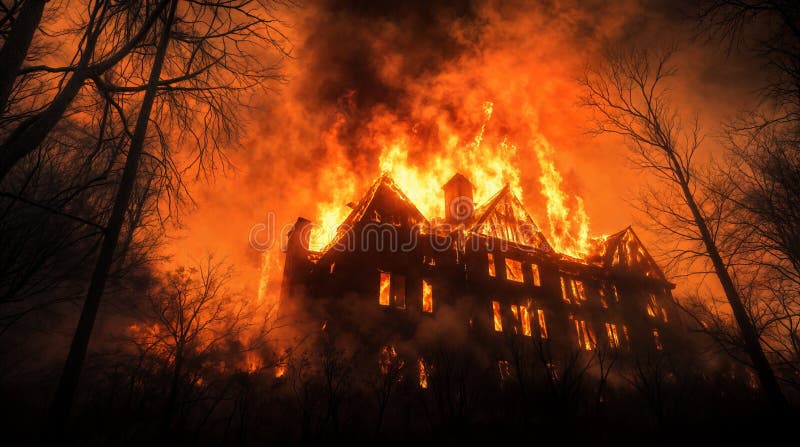 Building Engulfed in Flames, Firefighters Battling Blaze Amidst Smoke ...