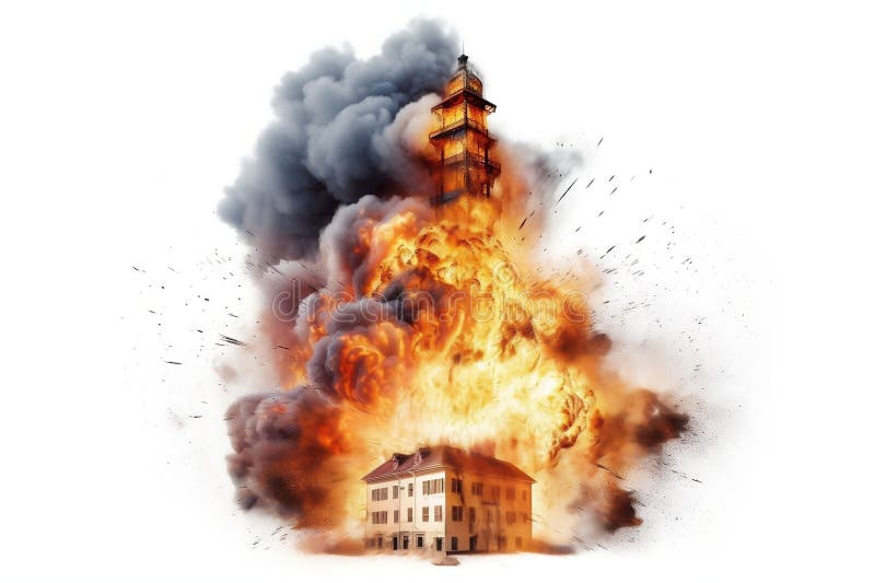 Burning Building with Fire Explosion, Isolated on a Transparent ...
