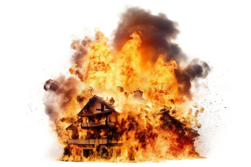 Burning Building with Fire Explosion, Isolated on a Transparent ...