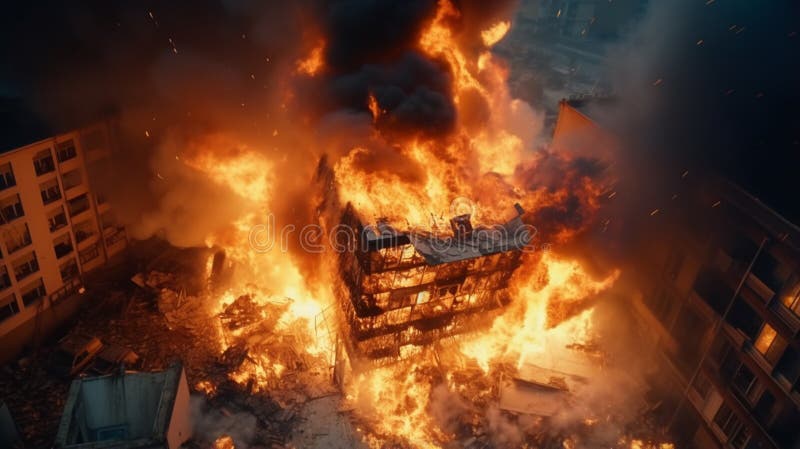 Burning Building. Fire. Wildfire. Burning House. Roof of Building in ...