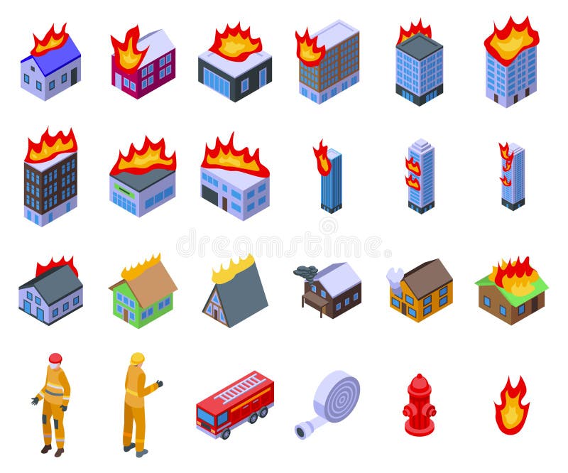 Burning Building Icons Set Isometric Vector. Fire House Stew Stock ...