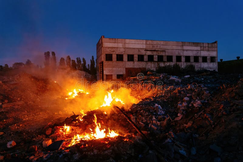 Burning Building Ruins at Night Stock Photo - Image of fire ...