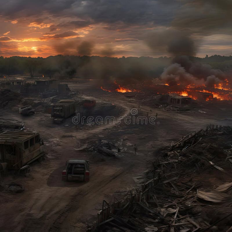 Burning of Buildings in a Destroyed Village at Sunset Stock Photo ...