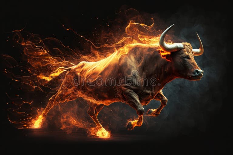 Burning Bull on Black Background. Fire and Fire Concept Stock ...