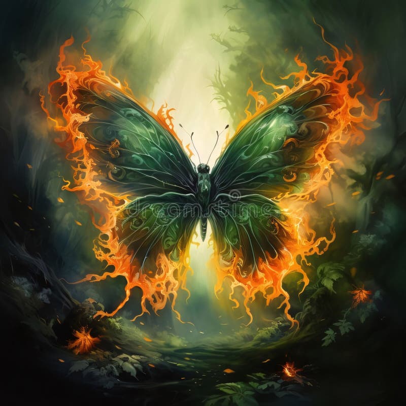 Burning Butterfly in the Dark Forest. Fire and Smoke Stock Illustration ...