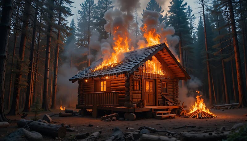 Burning Cabin in Forest Fire with Smoke and Flames Emergency Stock ...