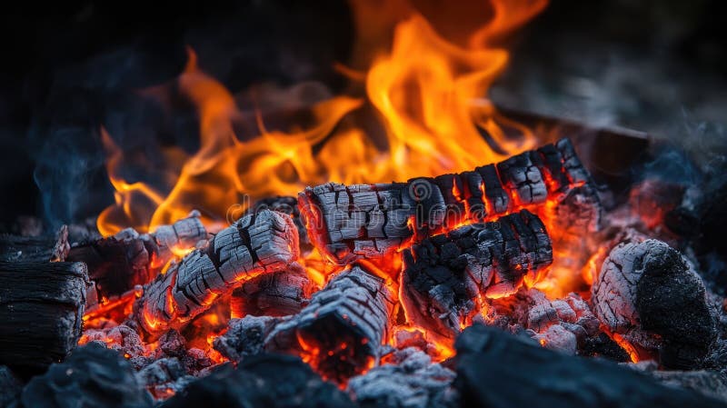 Burning Camp Fire with Coals and Flames Stock Photo - Image of shot ...