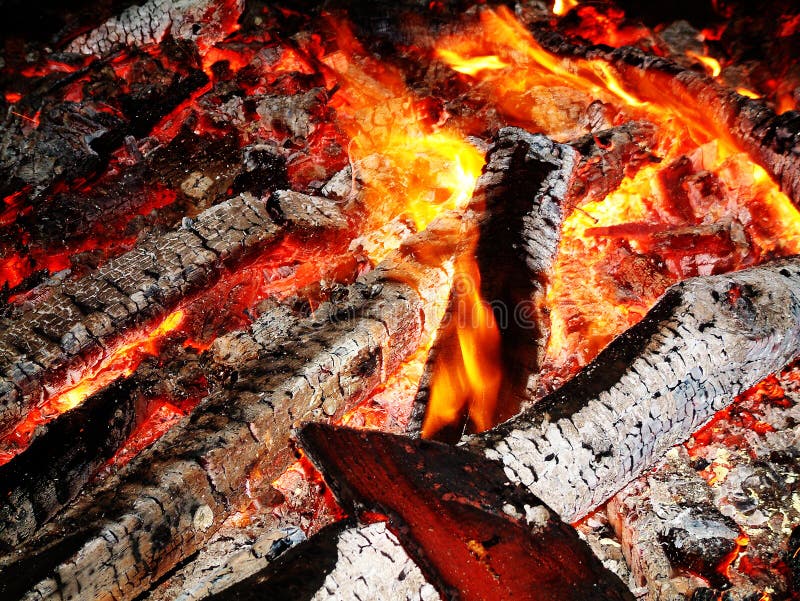 Burning Camp Fire with Coals and Flames Stock Photo - Image of shot ...