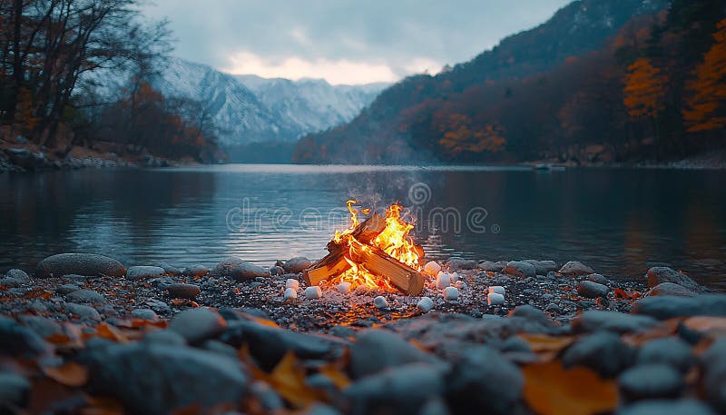 Burning Campfire in Autumn Forest, Mountain Landscape Beauty Generated ...