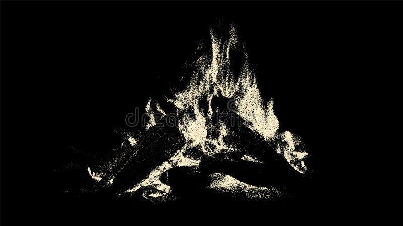 Burning Campfire on Black Background in Retro Vintage Dotwork Style ...