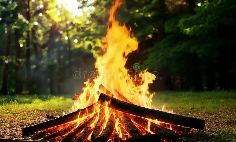 Burning campfire in forest stock video. Video of evening - 366233051
