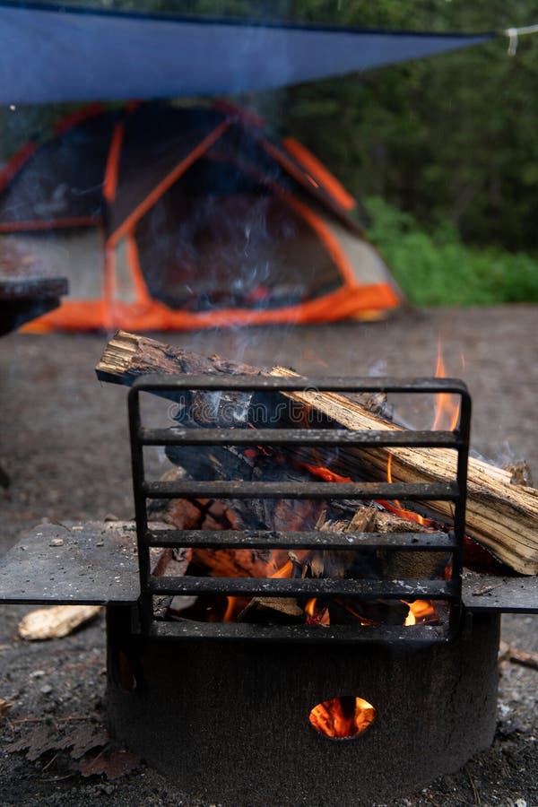 Burning Campfire in Front of a Tent Set Up for Camping in the Forest ...